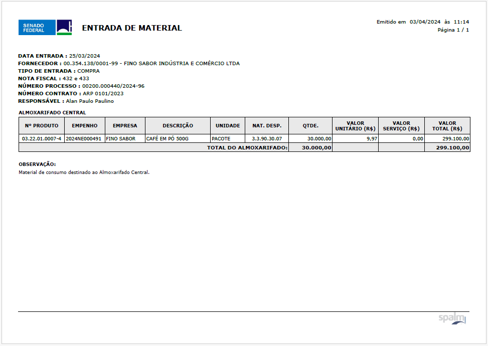 Registro de Entrada de Materiais - Página Inicial